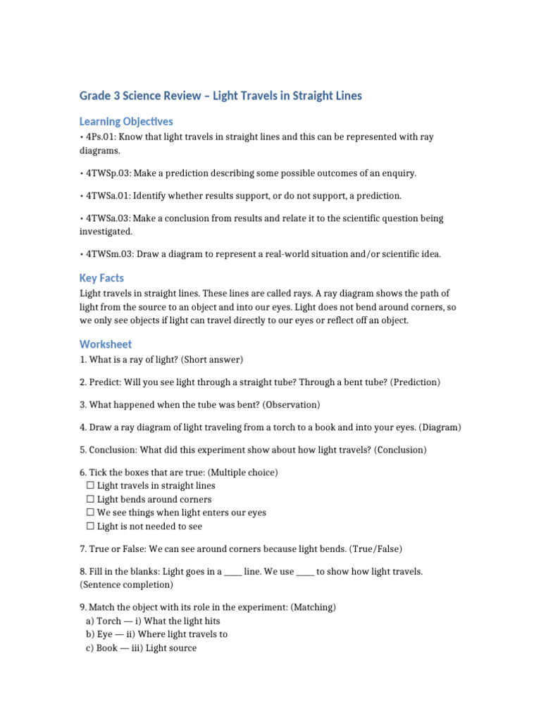 Updated Grade 3 Science Review Light Travels Straight Lines-5.2 | PDF