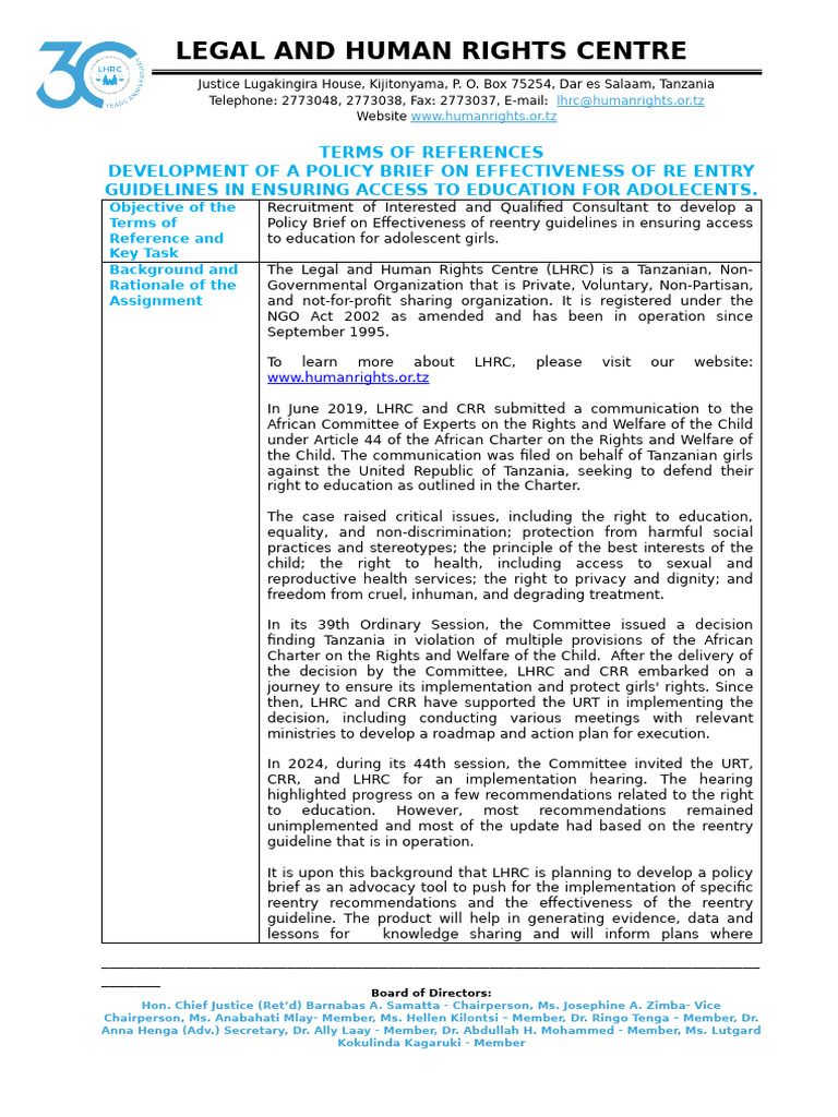 Terms of References Development of A Policy Brief On Effectiveness of Re Entry Guidelines in ...