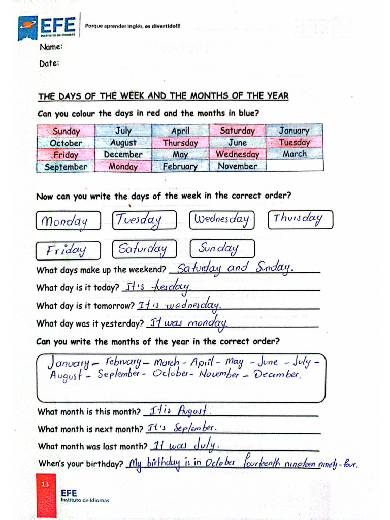 Days of The Week and Months of The Year. | PDF