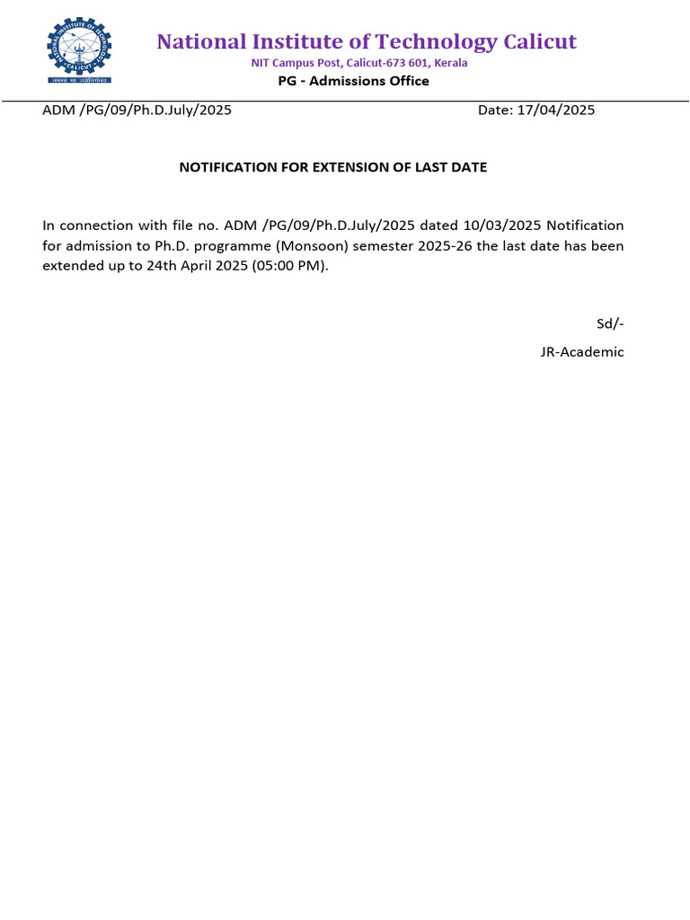 National Institute of Technology Calicut: PG - Admissions Office | PDF