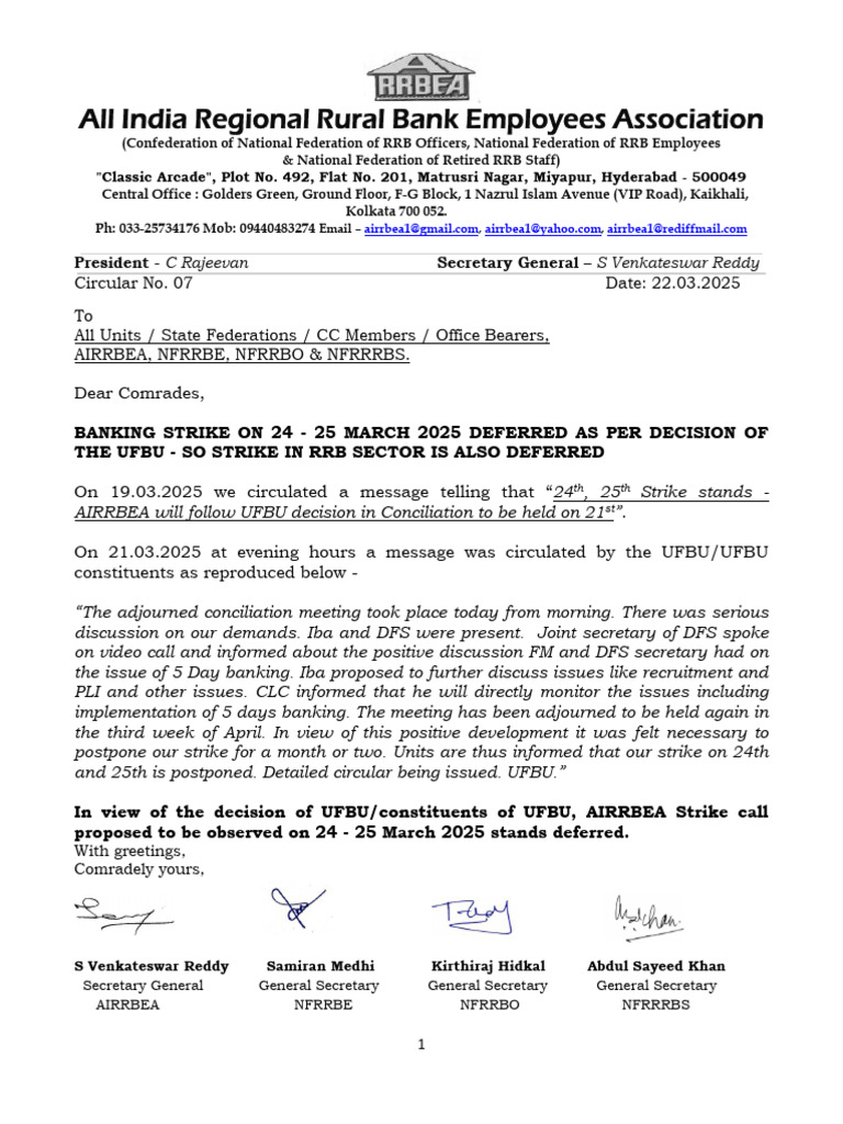 Circular. No. 07 - Banking Strike On 24 - 25 March 2025 Deferred As Per ...