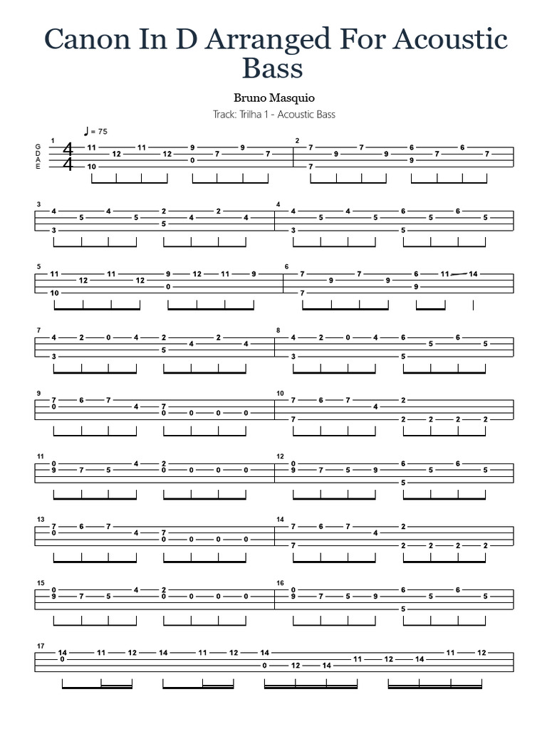Canon in D Arranged for Acoustic Bass Bass Tab by Bruno Masquio ...