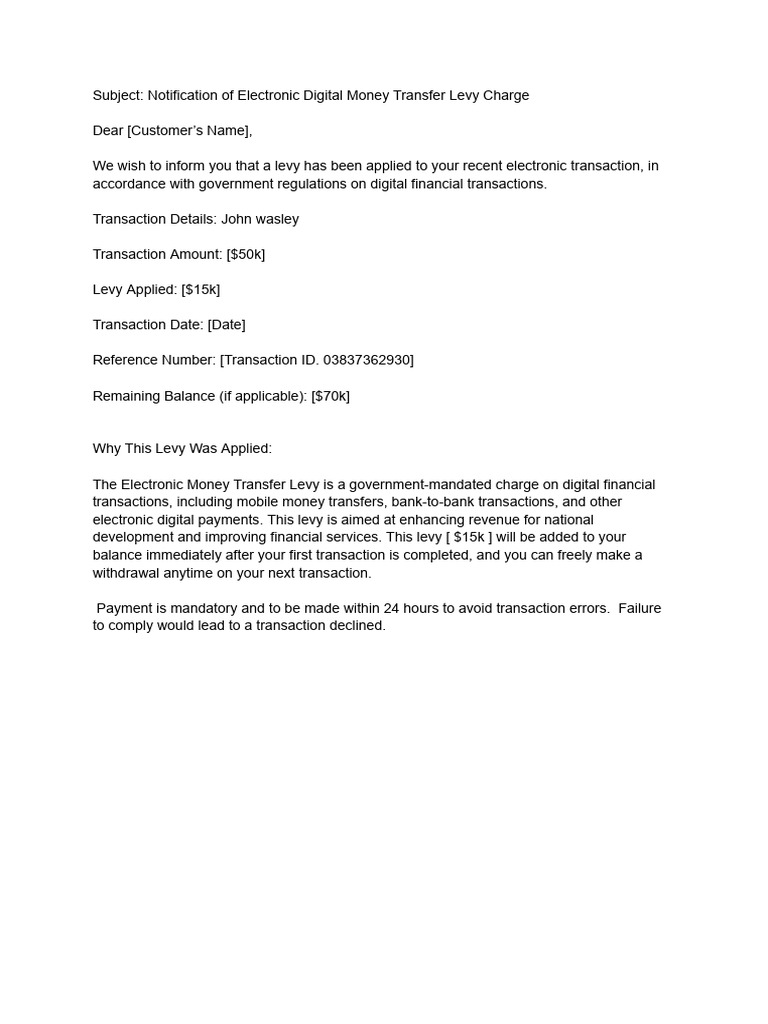 Electronic Digital Money Transfer Levy Charge | PDF