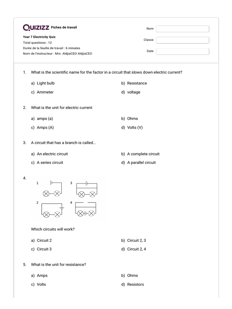 Year 7 Electricity Quiz Worksheet | PDF | Electric Current | Series And ...