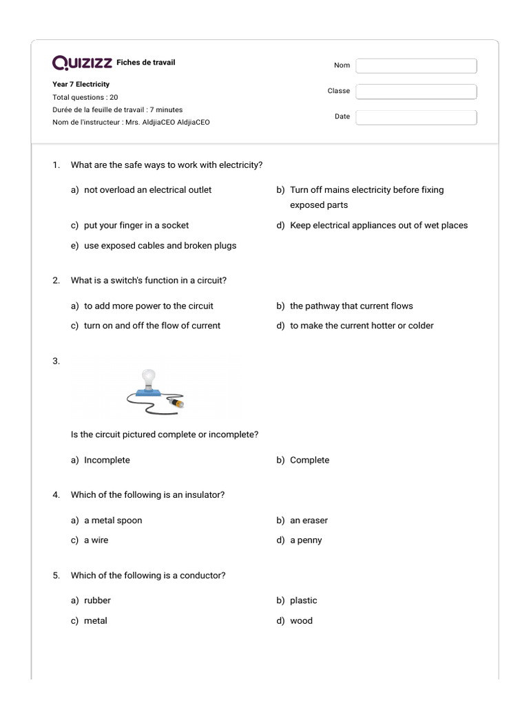 Year 7 Electricity - Quizizz | PDF | Series And Parallel Circuits ...
