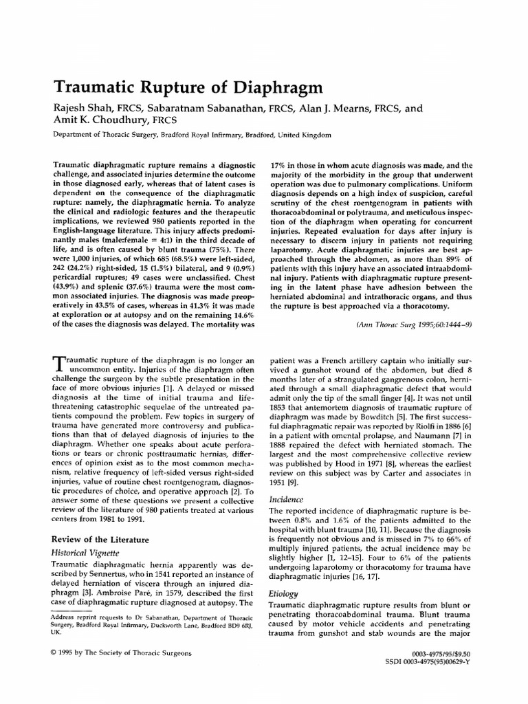Traumatic Rupture of Diaphragm | PDF | Thorax (Human Anatomy ...