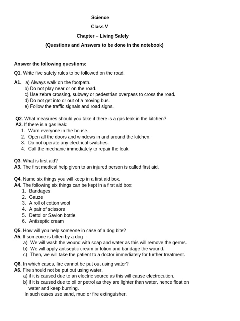 Class V - Science - L-7 - Living Safely-Ques and Ans | PDF