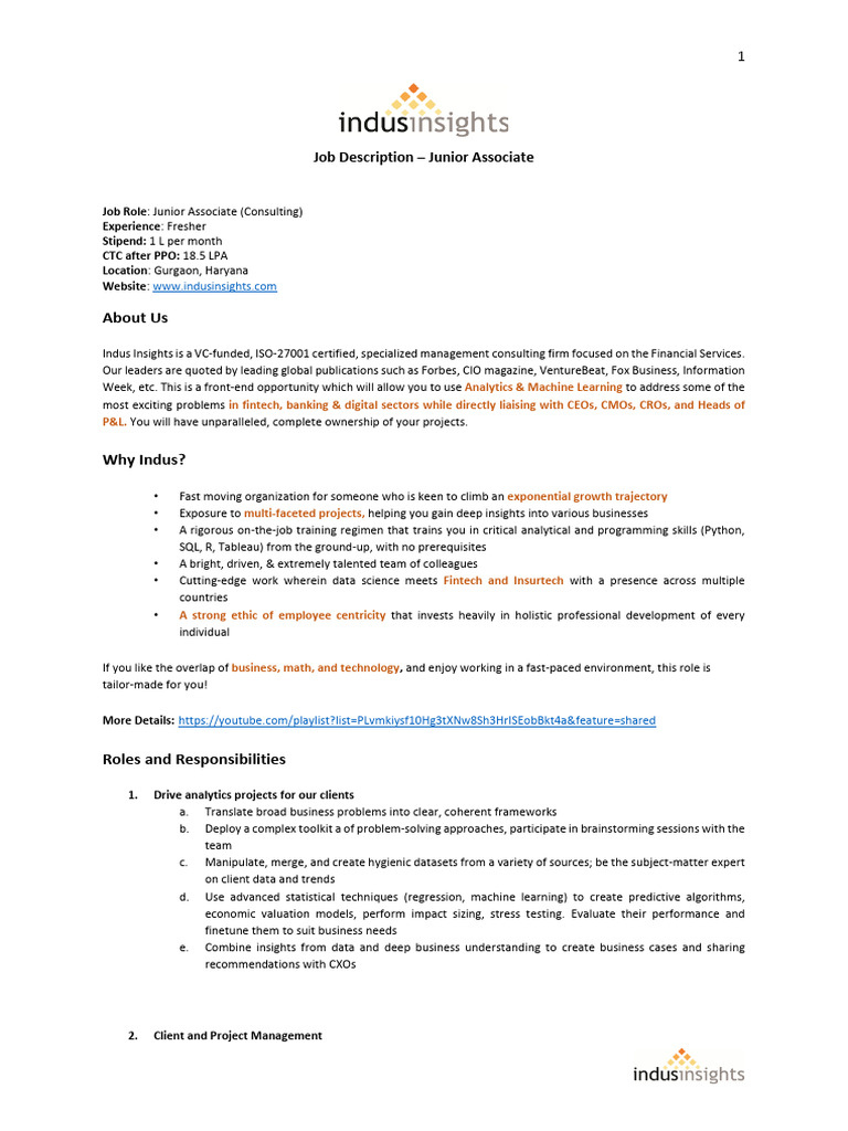Indus Insights JD - Junior Associate | PDF | Analytics | Business