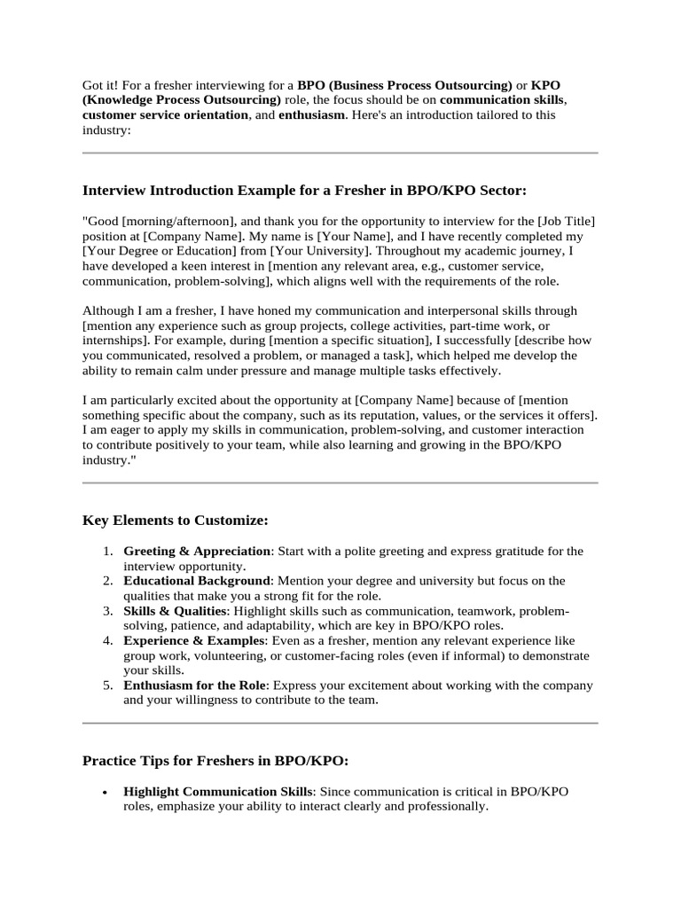 Sample Introduction For Interview | PDF | Business Process Outsourcing ...