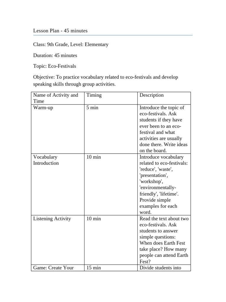 9th Grade Eco-Festival Lesson Plan | PDF | Vocabulary | Cognition