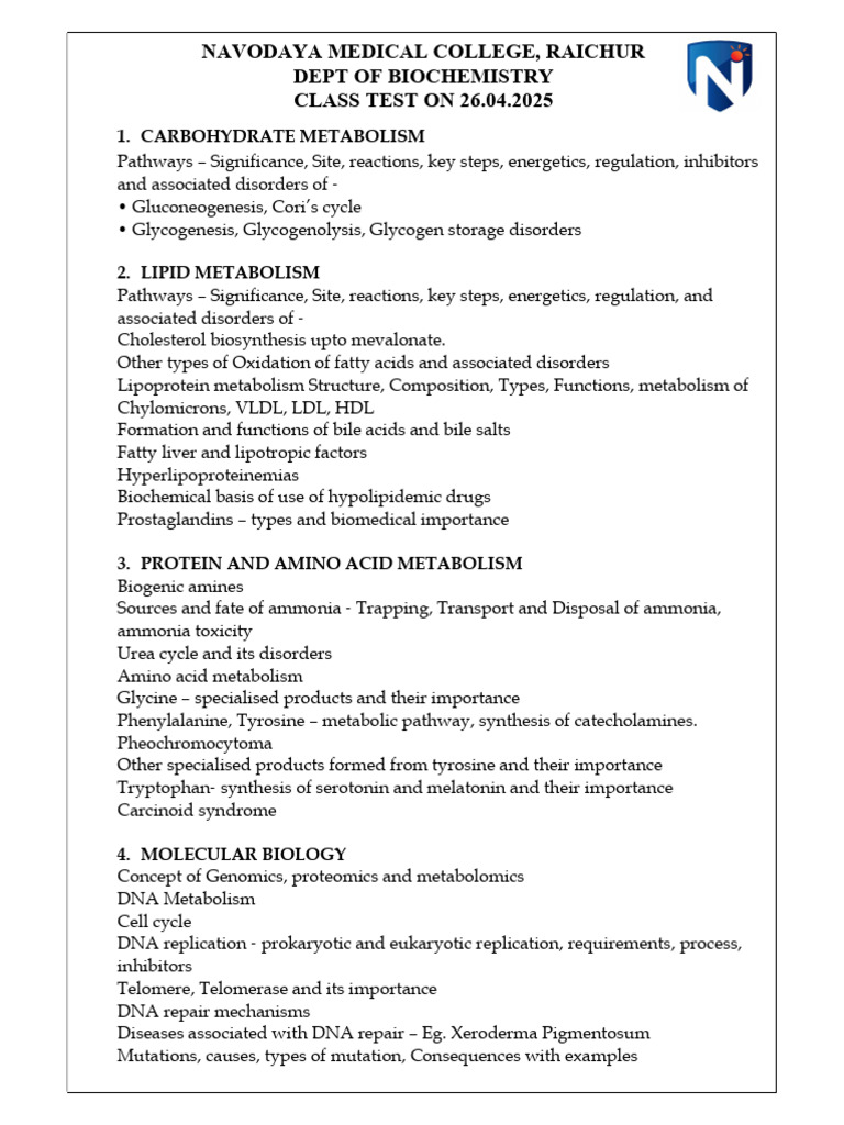 MBBS Biochemistry Class Test 26.04.2025 | PDF