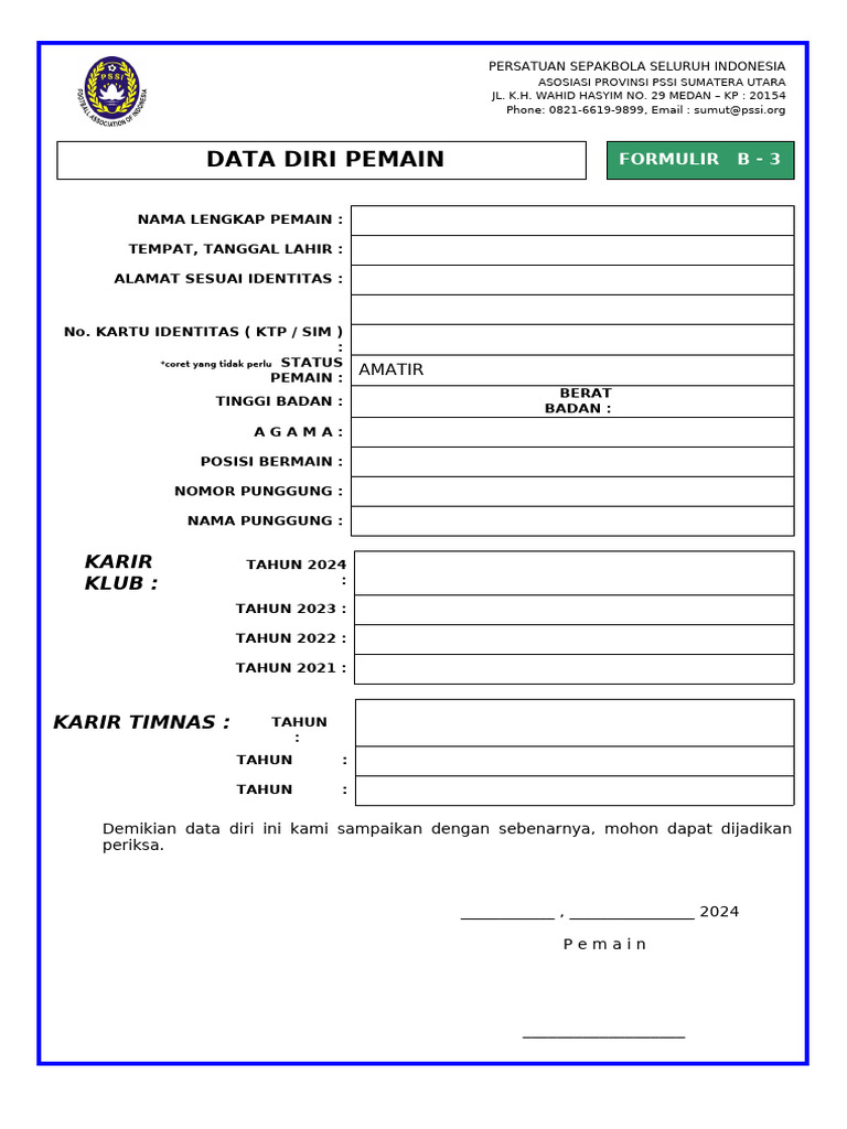 B3 Formulir Data Diri Pemain U15 2024 | PDF