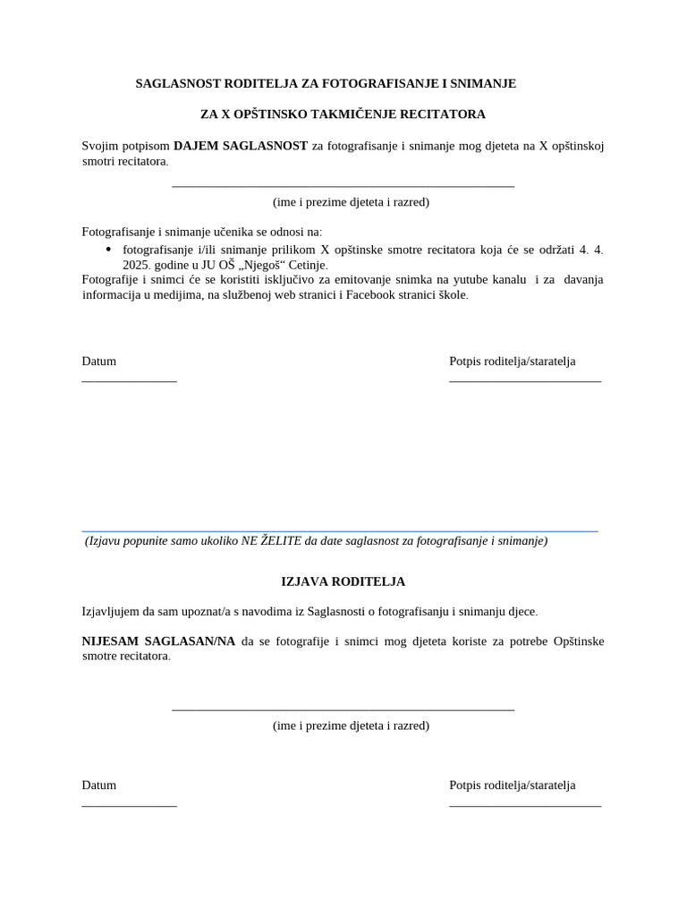 Saglasnost Roditelja Za Fotografisanje I Snimanje | PDF