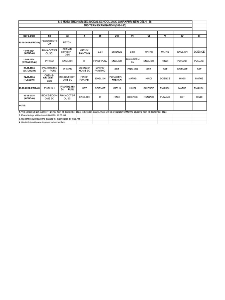 Mid Term Date Sheet 2024-25 | PDF