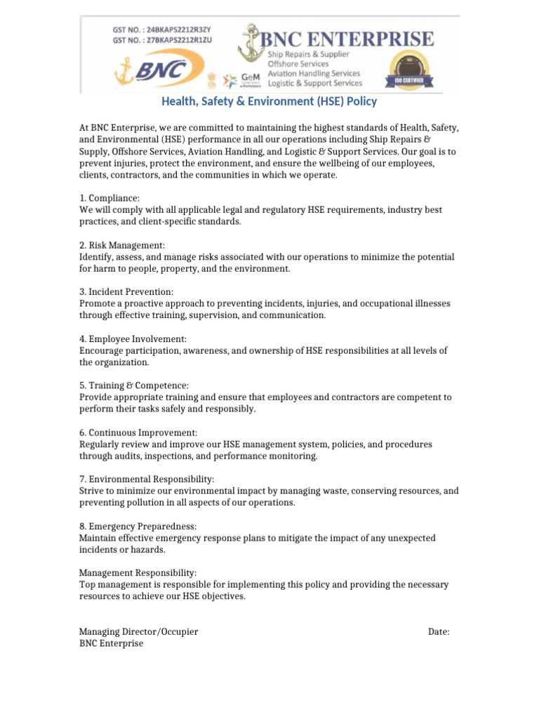 BNC Enterprise HSE Policy | PDF