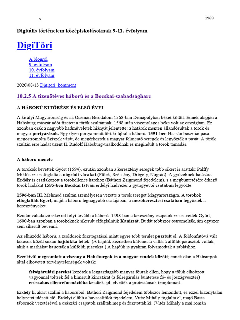 10.2.5 A Tizenötéves Háború És A Bocskai-Szabadságharc - DigiTöri | PDF