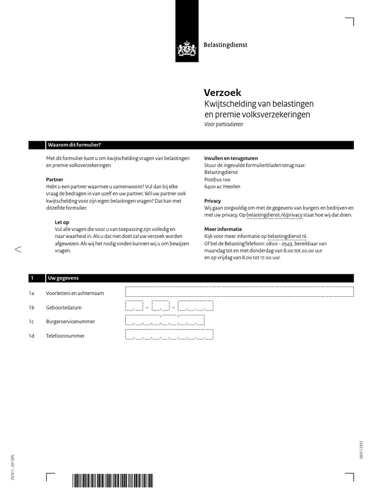 Verzoek Kwijtschelding Belasting en of Premie Ov112o23fol | PDF