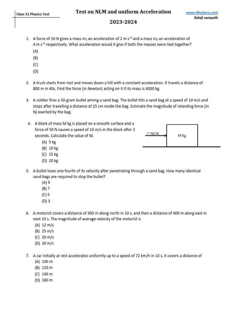 Class 11 Physics Test: NLM & Acceleration | PDF | Speed | Force