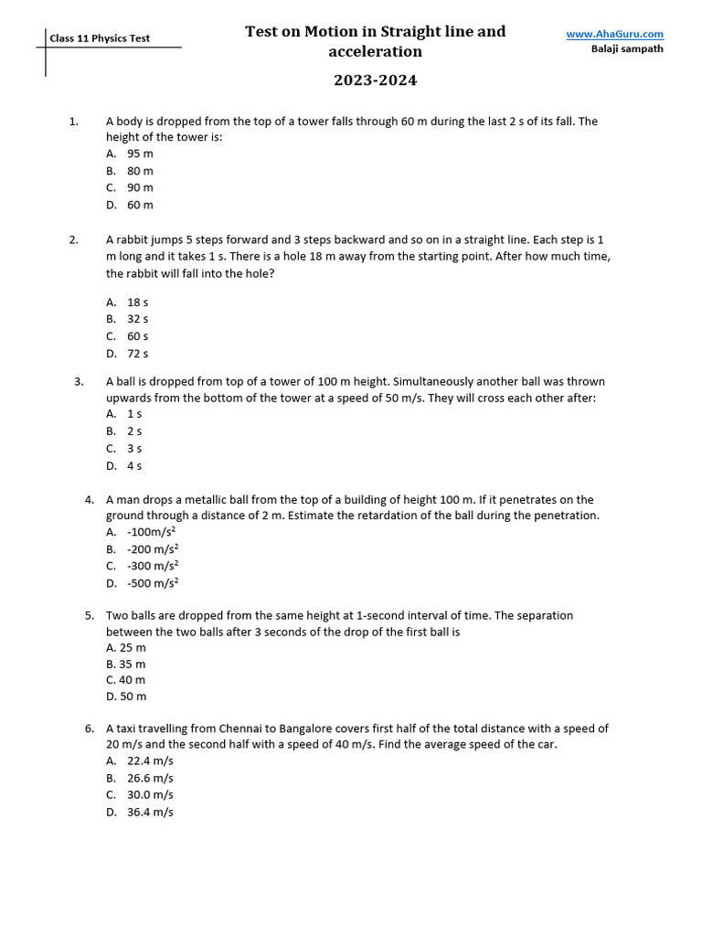 STD 11 Test On Motion in Straight Line and Uniform Acceleration ...