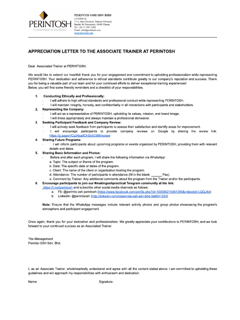 Appreciation Letter Associate Trainer Perintosh | PDF