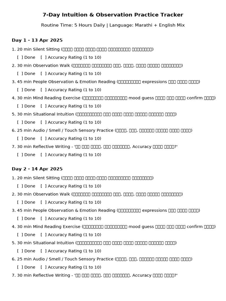 7-Day Observation Intuition Tracker Arjun | PDF