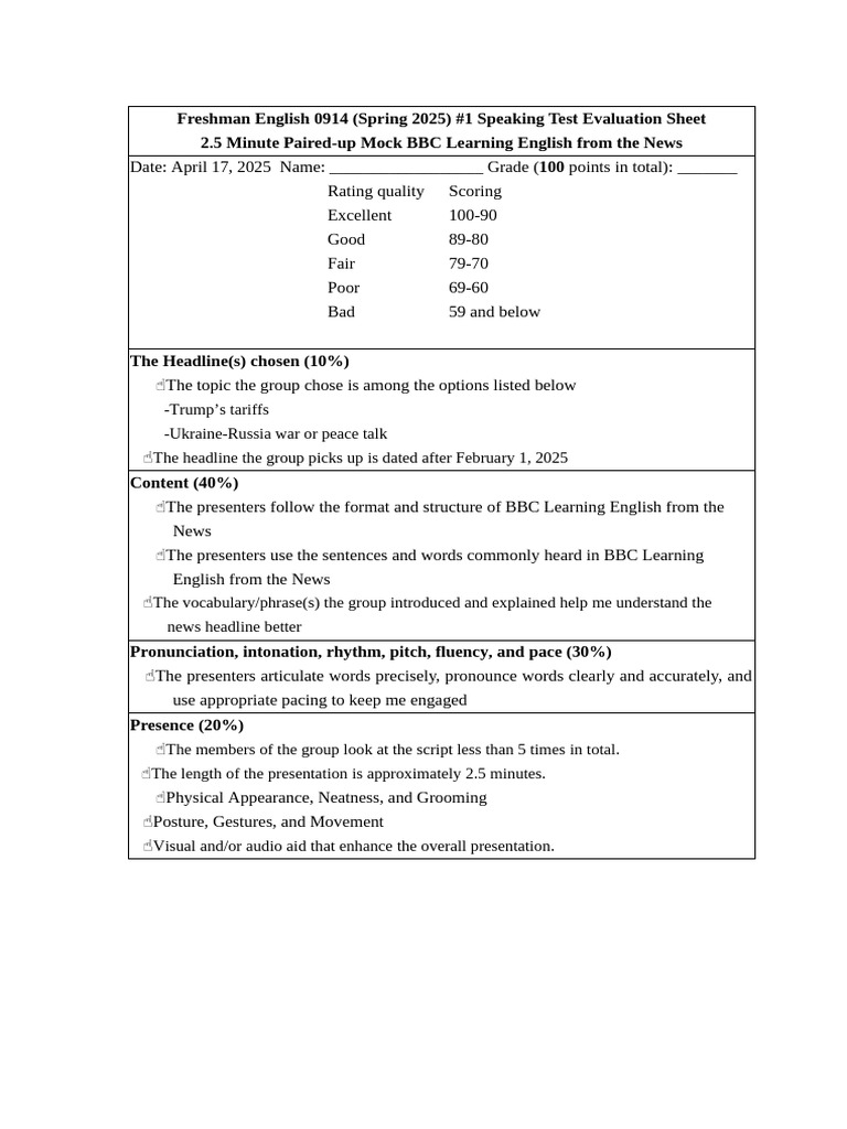 FE 0914 #1 Speaking Test Evaluation Sheet (Mock BBC Learning English ...