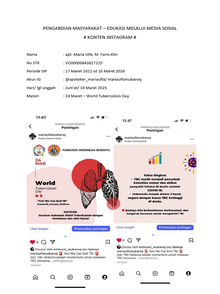 Log Book PENGABDIAN MASYARAKAT Edukasi Sosmed World Day TBC IG | PDF