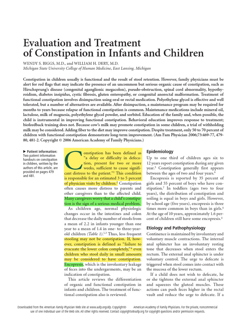Evaluation and Treatment of Constipation in Infants and Children | PDF ...