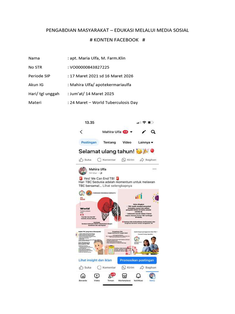 Log Book PENGABDIAN MASYARAKAT Edukasi Sosmed World Day TBC in FB | PDF