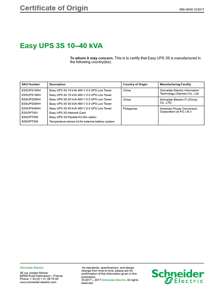 Easy UPS 3S Certificate of Origin | PDF