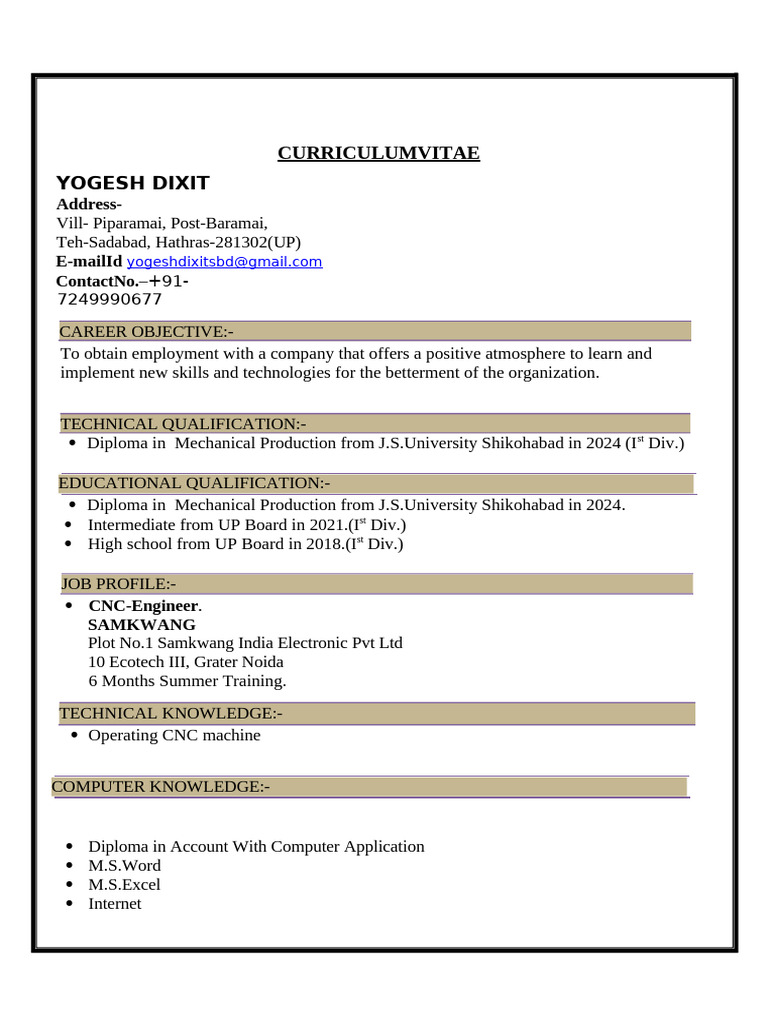 Yogesh Dixit - Mechanical CV & Skills | PDF