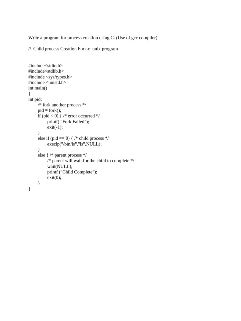 C Program for Process Creation with Fork | PDF