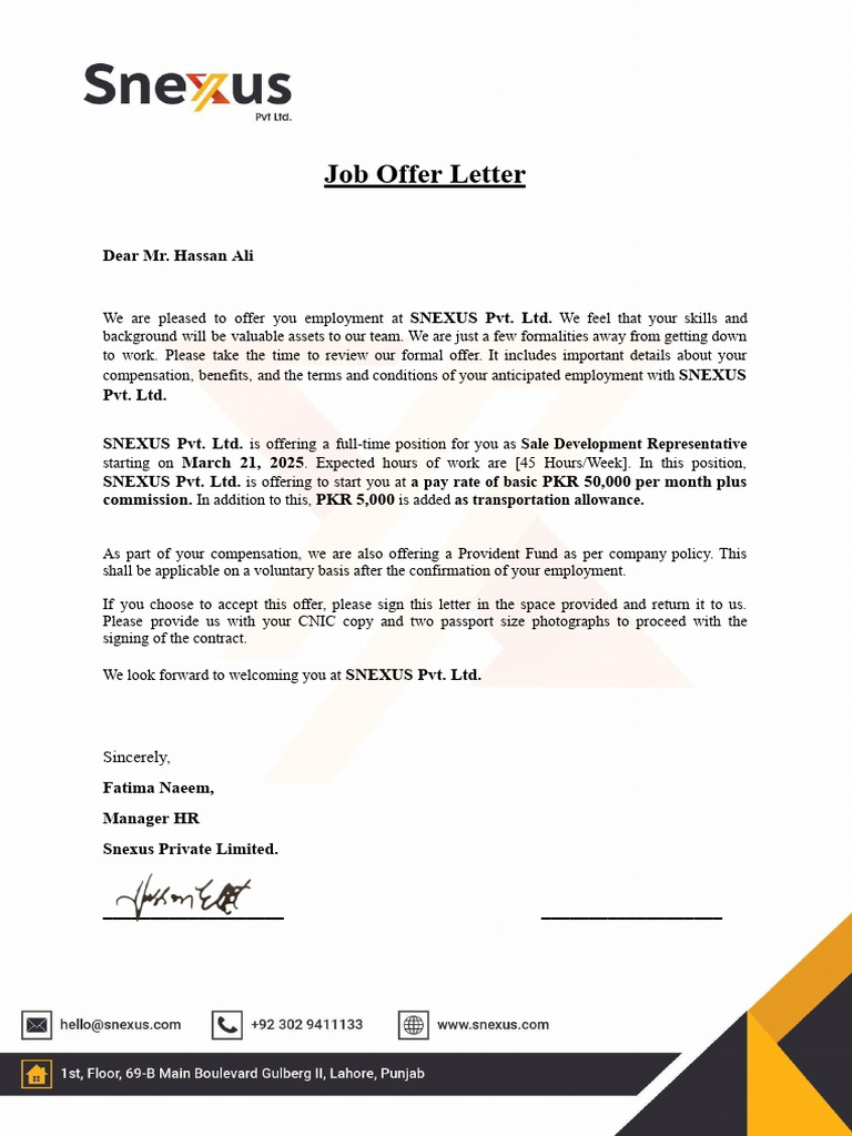 Job Offer from SNEXUS Pvt. Ltd. | PDF