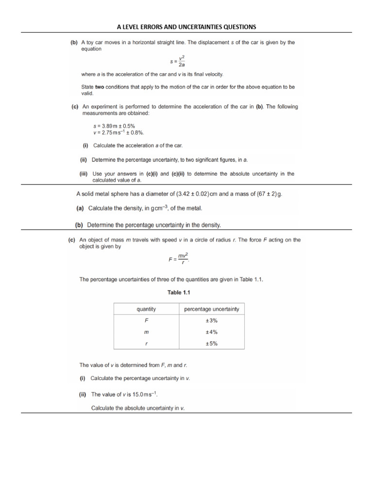 A Level Errors and Uncertainties Questions | PDF