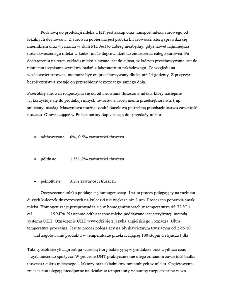Podstawą Do Produkcji Mleka UHT | PDF