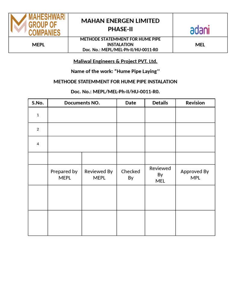 Hume Pipe Method of Statment As | PDF | Pipe (Fluid Conveyance) | Trench