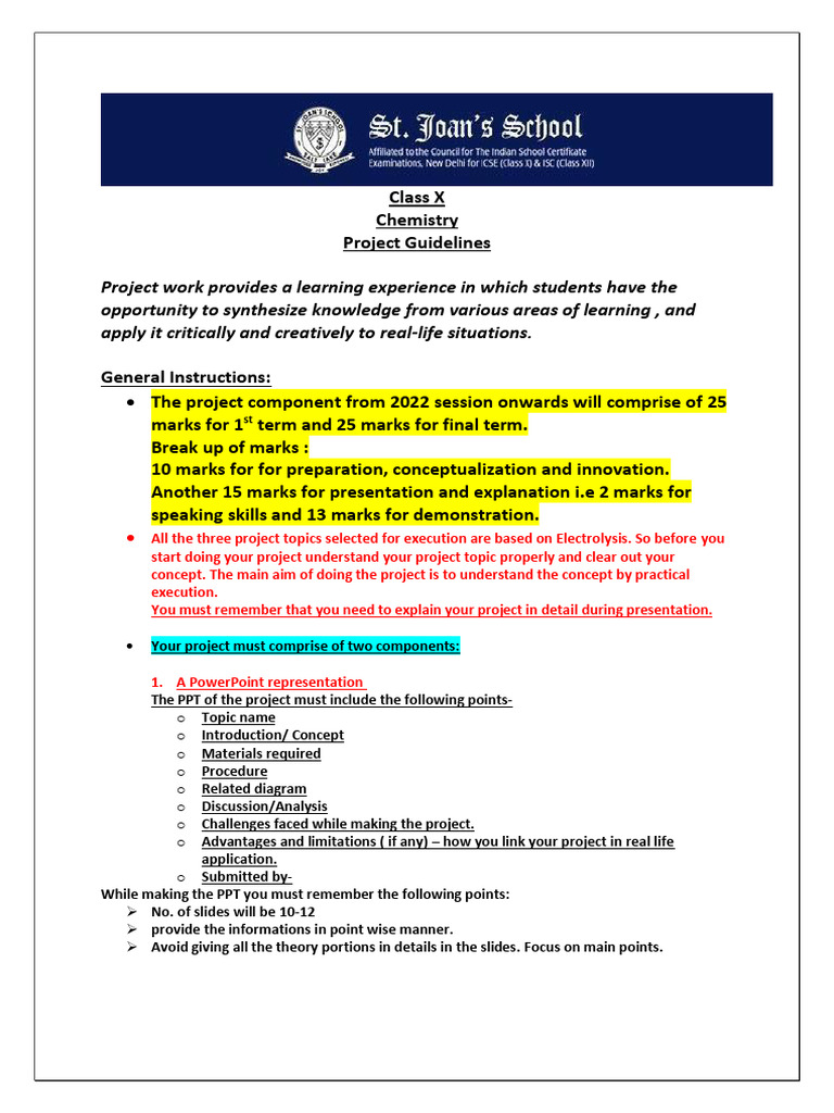 Chemistry - Class X - Project Guidelines 2022-23 | PDF | Microsoft Power Point | Concept