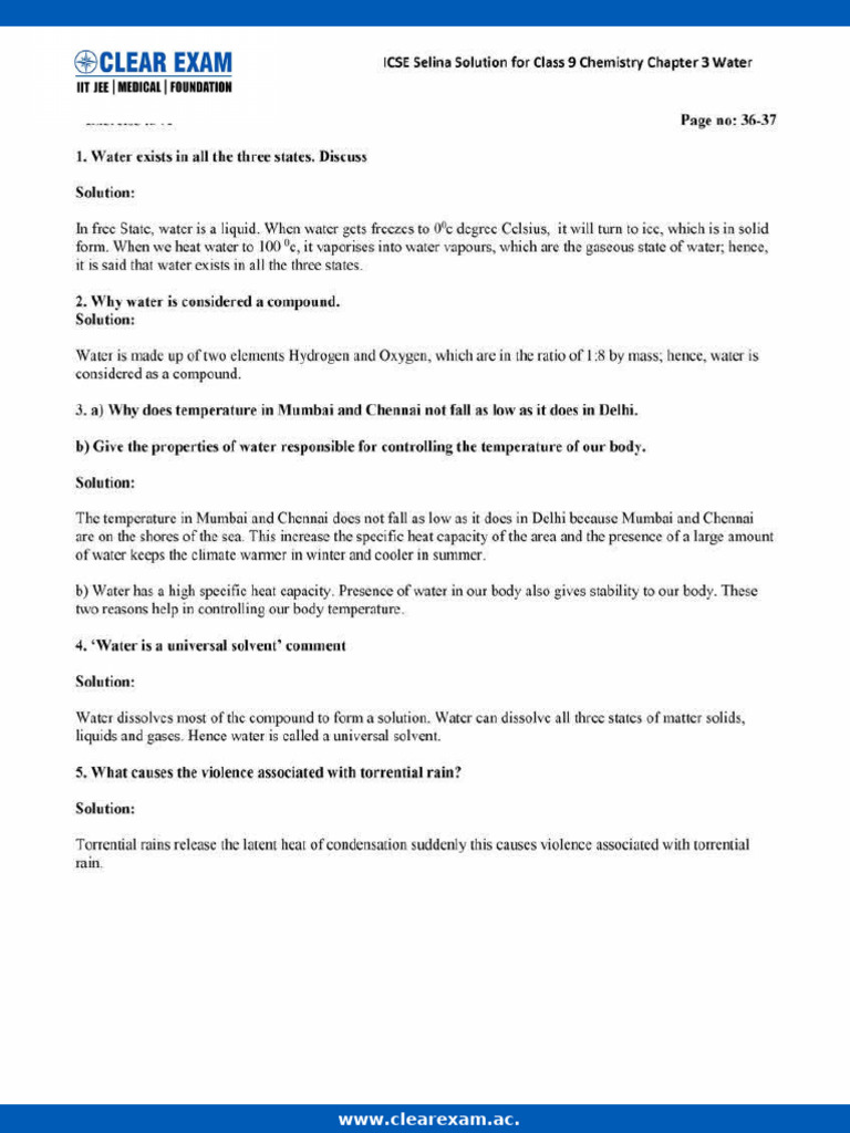 Icse Selina Solution For Class 9 Chemistry Chapter 3 Water Pdf