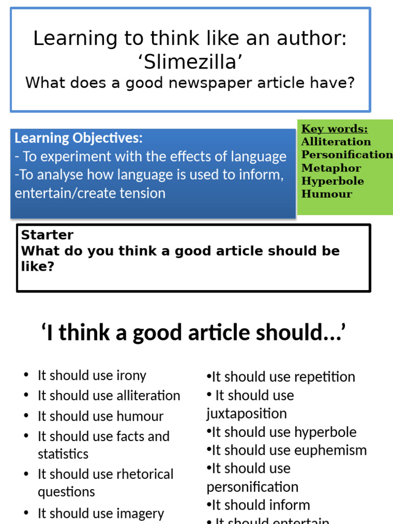 English Language Analysis - Slimezilla Lesson | PDF