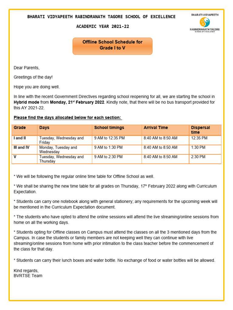 BVRTSE Hybrid School Schedule 2021-22 | PDF