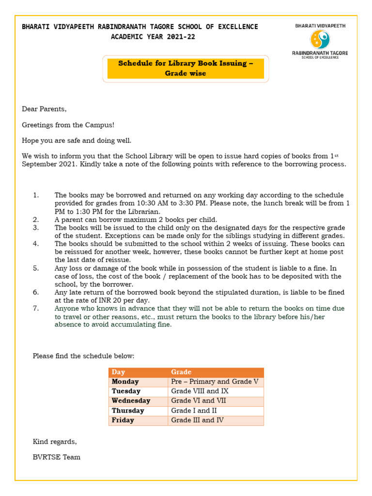 Library Circular for BVRTSE Parents | PDF