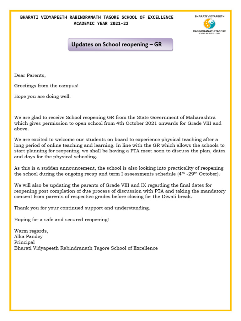 Important Circular On School Reopening Grade I To V | PDF