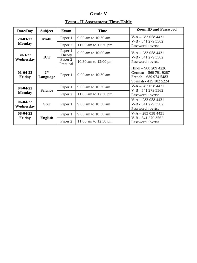 Gradewise Term II Exam Time Table - 2021 | PDF