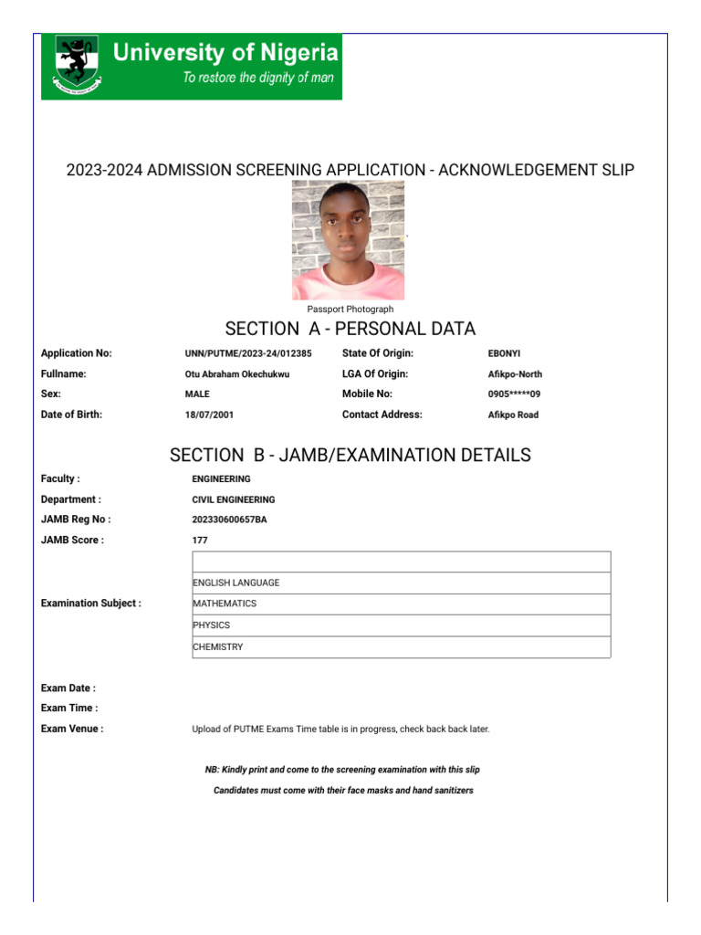 Admission Screening Acknowledgement Slip | PDF