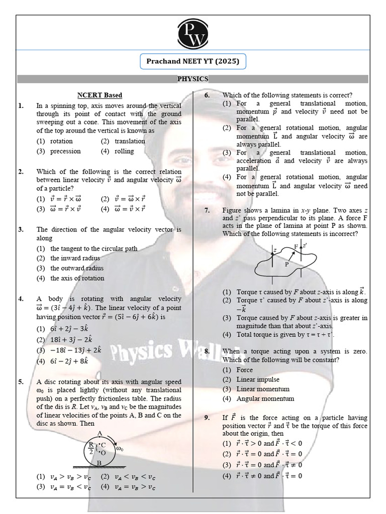 10 Question Bank Rotational Motion Physics Prachand NEET YT 2025 | PDF | Rotation Around A Fixed ...