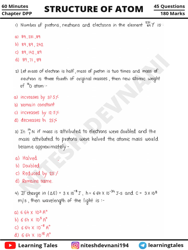 DPP - Structure of Atom - Learning Tales 3 | PDF
