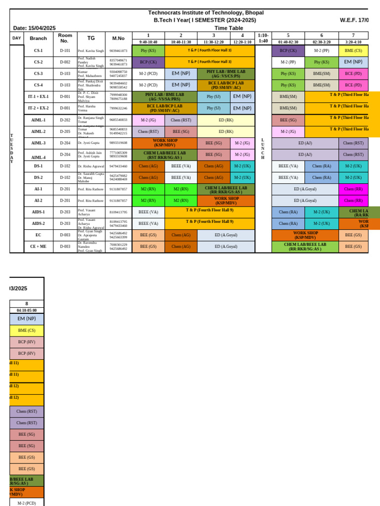 B.Tech 1st Year Timetable 2024-25 | PDF