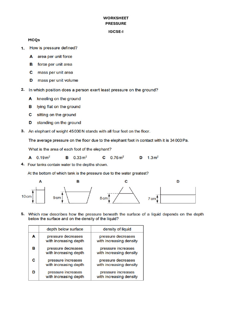 IGCSE Pressure MCQs and Theory Worksheet | PDF
