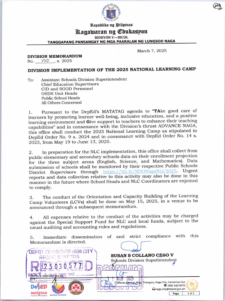 DM No. 120, S. 2025 Division Implementation of The 2025 National Learning Camp | PDF