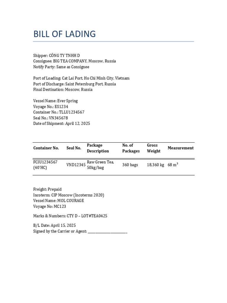 Bill of Lading Complete | PDF